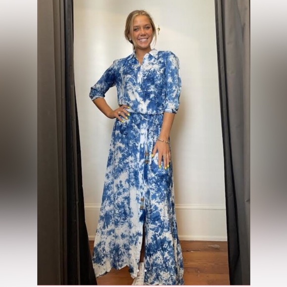 Skemo | Dresses | Skemo Oceania Shirt Dress Long Maxi Blue White Tie ...